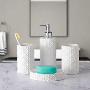 CAA'S Bathroom Accessories Set Ceramic 4 Pieces Bathroom Ensemble for Bath Decor Includes Lotion Dispenser Toothbrush Holder Tumbler Soap Dish (White Netting)