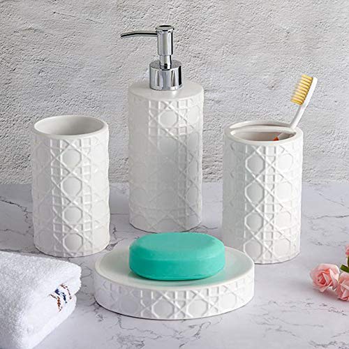 CAA'S Bathroom Accessories Set Ceramic 4 Pieces Bathroom Ensemble for Bath Decor Includes Lotion Dispenser Toothbrush Holder Tumbler Soap Dish (White Netting)