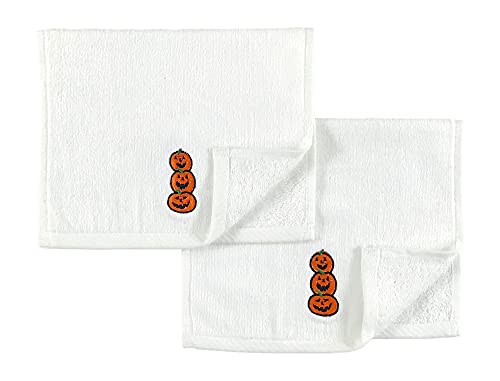 Serafina Home Decorative Halloween Tip Towels: Plush White Embroidered Cotton Jack O Lantern Pumpkin Design, 2 Piece Set, 11" x 18" Inch Each