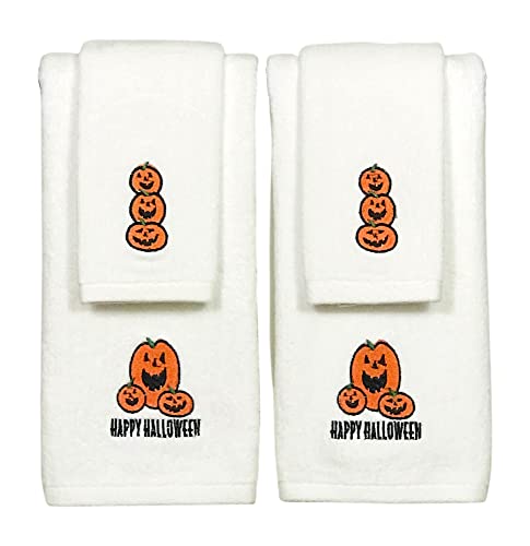 Serafina Home Decorative Halloween Tip Towels: Plush White Embroidered Cotton Jack O Lantern Pumpkin Design, 2 Piece Set, 11" x 18" Inch Each