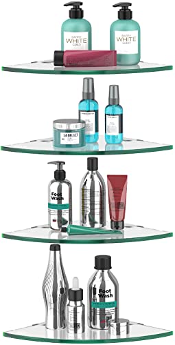 VeeCano 4 Pack Glass Corner Shower Shelf Bathroom Corner Shelves Wall Mounted Tempered Glass Shower Caddy Corner Shelf for Inside Tile Shower Organizer Shampoo Bottle Holder 9.4" R