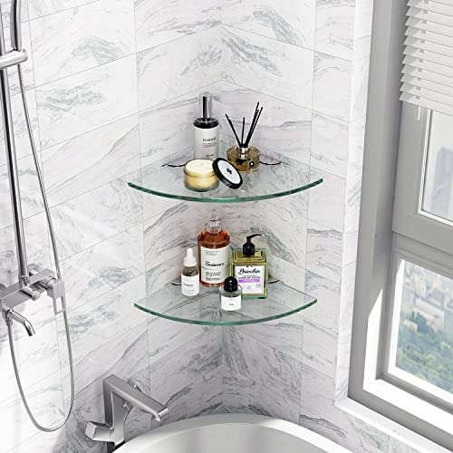 VeeCano 4 Pack Glass Corner Shower Shelf Bathroom Corner Shelves Wall Mounted Tempered Glass Shower Caddy Corner Shelf for Inside Tile Shower Organizer Shampoo Bottle Holder 9.4" R