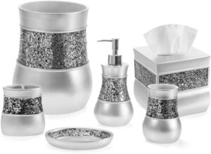 creative scents silver bathroom accessories set complete - decorative crackled glass 6 piece bathroom set features: trash can, tissue box cover, soap dispenser, toothbrush holder, soap dish, & tumbler