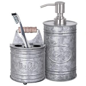 autumn alley rustic bathroom accessories set - farmhouse bathroom soap dispenser and toothbrush holder set - western bathroom accessories, farmhouse decor for bathroom countertop, galvanized grey