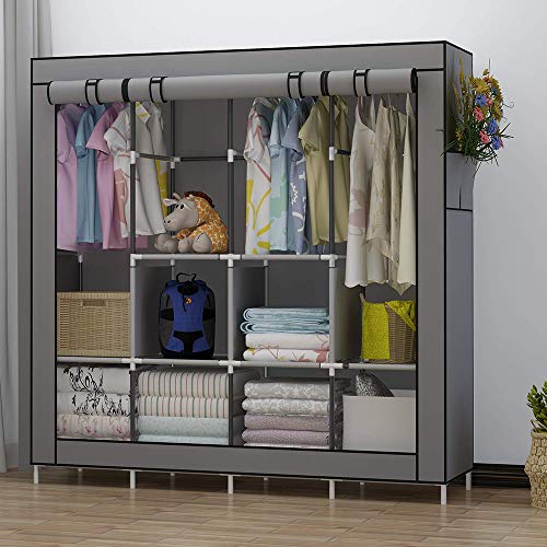 UDEAR Portable Closet Large Wardrobe Closet Clothes Organizer with 6 Storage Shelves, 4 Hanging Sections 4 Side Pockets,Grey