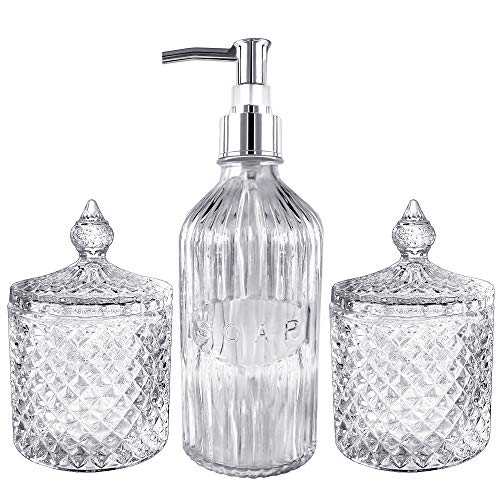 Magcolor Glass Jar Bathroom Accessories Set - Hand Soap Dispenser and Qtip Holder Set 3 pc