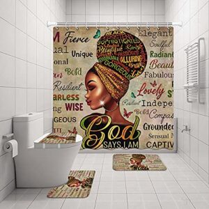 Black Queen God Says I Am Shower Curtains Bathroom Sets with Non-Slip Rugs,Toilet Lid Cover and Bath Mat,Afro Girl Magic Shower Curtain with 12 Hooks…