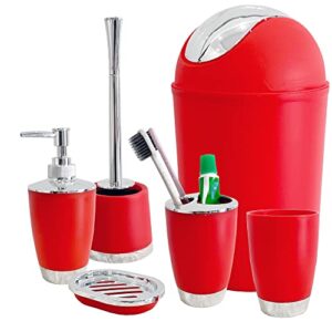 besaset bathroom accessories set 6 pieces plastic bathroom accessories toothbrush holder, rinse cup, soap dish, hand sanitizer bottle, waste bin, toilet brush with holder (red)