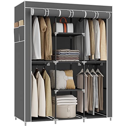 HOMGRNE Portable Closet Wardrobe, Bedroom Clothes Closet Storage Organizer-4 Storage Shelves, 4 Hanging Rods, Grey Non-Woven Fabric Cover 4 Side Pockets, 49-Inch