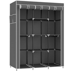 HOMGRNE Portable Closet Wardrobe, Bedroom Clothes Closet Storage Organizer-4 Storage Shelves, 4 Hanging Rods, Grey Non-Woven Fabric Cover 4 Side Pockets, 49-Inch