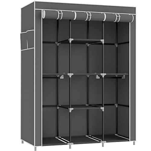 HOMGRNE Portable Closet Wardrobe, Bedroom Clothes Closet Storage Organizer-4 Storage Shelves, 4 Hanging Rods, Grey Non-Woven Fabric Cover 4 Side Pockets, 49-Inch