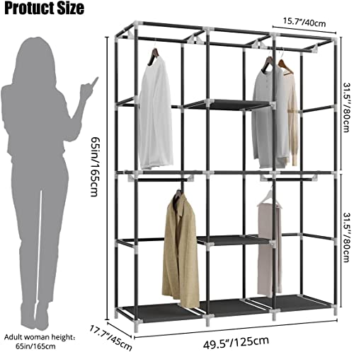 HOMGRNE Portable Closet Wardrobe, Bedroom Clothes Closet Storage Organizer-4 Storage Shelves, 4 Hanging Rods, Grey Non-Woven Fabric Cover 4 Side Pockets, 49-Inch