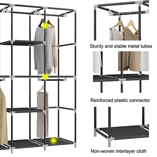 HOMGRNE Portable Closet Wardrobe, Bedroom Clothes Closet Storage Organizer-4 Storage Shelves, 4 Hanging Rods, Grey Non-Woven Fabric Cover 4 Side Pockets, 49-Inch