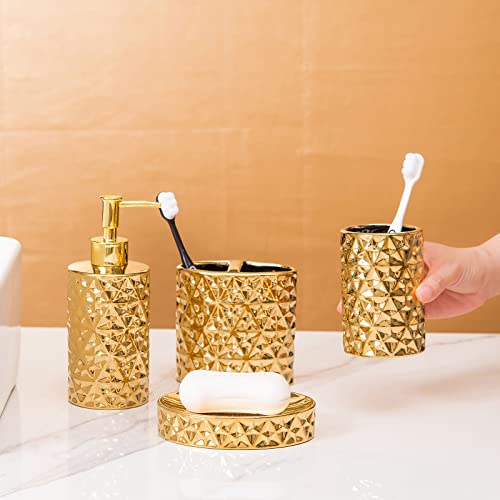 Gold Bathroom Accessory Sets 4 Piece Ceramic Gift Set Apartment Necessities,Includes Soap Dispenser, Toothbrush Holder, Toothbrush Cup, Soap Dish for Decorative Countertop and Housewarming Gift