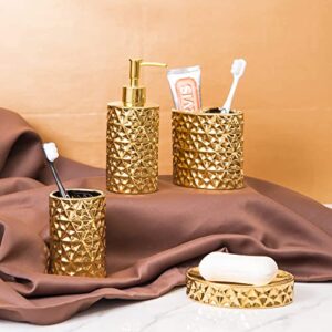 Gold Bathroom Accessory Sets 4 Piece Ceramic Gift Set Apartment Necessities,Includes Soap Dispenser, Toothbrush Holder, Toothbrush Cup, Soap Dish for Decorative Countertop and Housewarming Gift