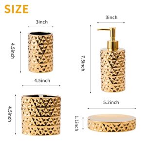 Gold Bathroom Accessory Sets 4 Piece Ceramic Gift Set Apartment Necessities,Includes Soap Dispenser, Toothbrush Holder, Toothbrush Cup, Soap Dish for Decorative Countertop and Housewarming Gift