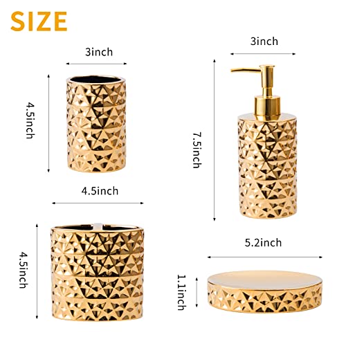 Gold Bathroom Accessory Sets 4 Piece Ceramic Gift Set Apartment Necessities,Includes Soap Dispenser, Toothbrush Holder, Toothbrush Cup, Soap Dish for Decorative Countertop and Housewarming Gift