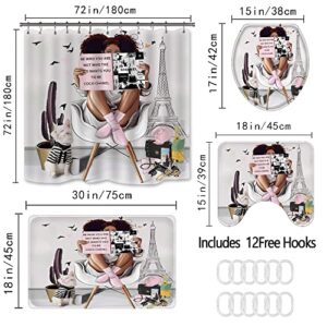 BIUSTAR 4-Piece Sexy African Black Girl Shower Curtain Set The Eiffel Tower Background Bathroom Set with Lovely Girl Curtain and Rug and Accessories Fabric Shower Curtain with 12 hooks-72 x 72 inches