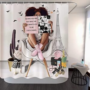 BIUSTAR 4-Piece Sexy African Black Girl Shower Curtain Set The Eiffel Tower Background Bathroom Set with Lovely Girl Curtain and Rug and Accessories Fabric Shower Curtain with 12 hooks-72 x 72 inches