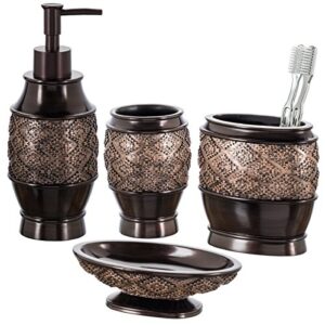 creative scents dublin bathroom accessories set, bathroom decor sets accessories includes soap dispenser, bar soap dish, tumbler, and toothbrush holder for your vanity countertop (brown)