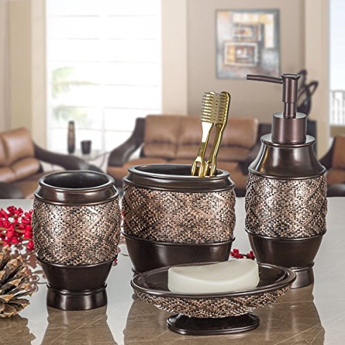 Creative Scents Dublin Bathroom Accessories Set, Bathroom Decor Sets Accessories Includes Soap Dispenser, Bar Soap Dish, Tumbler, and Toothbrush Holder for Your Vanity Countertop (Brown)