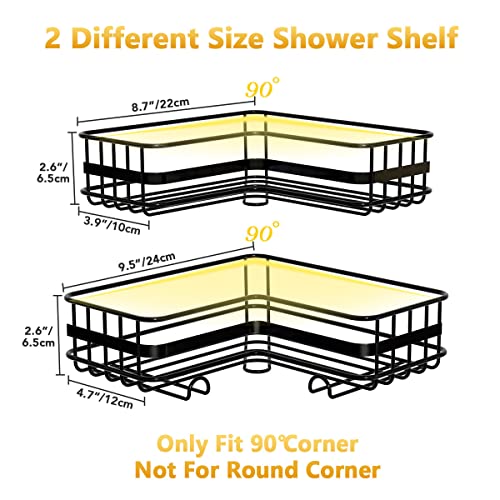 Roseyat Corner Shower Caddy Shelf Basket for Shampoo Stainless Steel, Adhesive Shower Shelf Storage Organizer, No Drilling Shower Shelves For Inside Shower Rack Holder with Hooks-2 Pack Black