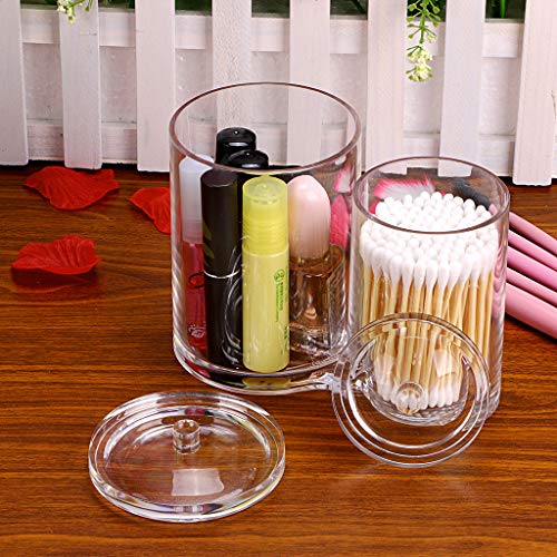 Hipiwe Clear Acrylic Cotton Swab Holder Preminm Quality Round Container Cotton Pad Q-tip Organize Case for Make Up Brush Clear Apothecary Jar