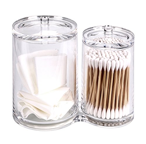 Hipiwe Clear Acrylic Cotton Swab Holder Preminm Quality Round Container Cotton Pad Q-tip Organize Case for Make Up Brush Clear Apothecary Jar