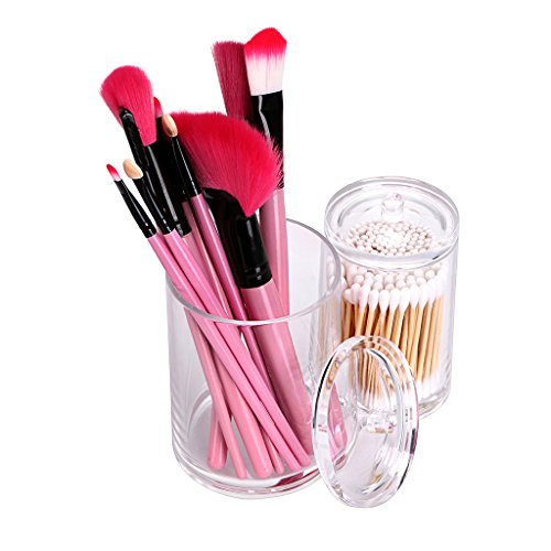 Hipiwe Clear Acrylic Cotton Swab Holder Preminm Quality Round Container Cotton Pad Q-tip Organize Case for Make Up Brush Clear Apothecary Jar