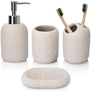 l'arl gmvoi bathroom accessory set,4 piece bathroom decor accessories sets complete with soap dispenser,toothbrush holder,bathroom tumbler,soap dish for bathroom vanity countertop accessories,beige