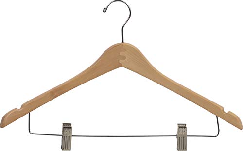 The Great American Hanger Company Curved Wood Combo Hanger w/Adjustable Cushion Clips, Box of 100 17 Inch Wooden Hangers w/Natural Finish & Chrome Swivel Hook & Notches for Shirt Jacket or Dress