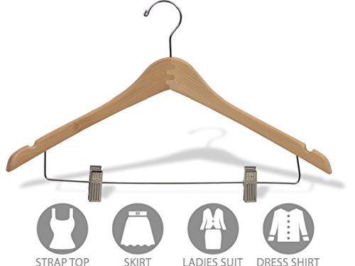 The Great American Hanger Company Curved Wood Combo Hanger w/Adjustable Cushion Clips, Box of 100 17 Inch Wooden Hangers w/Natural Finish & Chrome Swivel Hook & Notches for Shirt Jacket or Dress