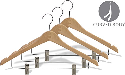 The Great American Hanger Company Curved Wood Combo Hanger w/Adjustable Cushion Clips, Box of 100 17 Inch Wooden Hangers w/Natural Finish & Chrome Swivel Hook & Notches for Shirt Jacket or Dress