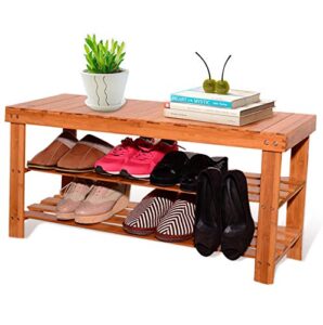 tenozek 3-tier bamboo shoe rack bench entryway bench and shoes organizer shoe storage for hallway bathroom living room garden(3-tiers 90cm, wood color)