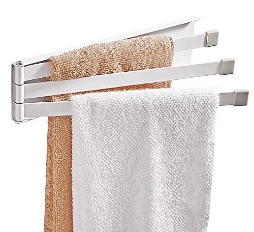 YEAVS Swing Towel Holder Rack White, Wall Mounted Towel Bar Swivel with 3-Arm for Bathroom Kitchen Storage