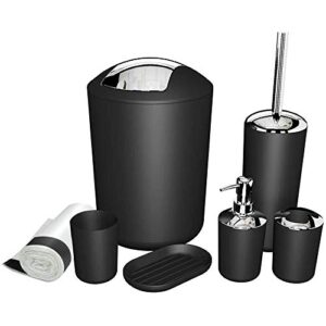 6 piece bathroom accessories sets,bathroom set 6 pieces plastic lotion dispenser,toothbrush holder,bathroom tumblers,soap dish,trash can,toilet brush set with drawstring trash bags (black)