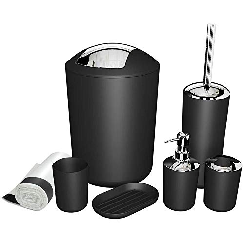 6 Piece Bathroom Accessories Sets,Bathroom Set 6 Pieces Plastic Lotion Dispenser,Toothbrush Holder,Bathroom Tumblers,Soap Dish,Trash Can,Toilet Brush Set with Drawstring Trash Bags (Black)