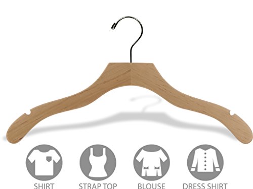 The Great American Hanger Company Wavy Wood Top Hanger, Box of 100 Space Saving 17 Inch Wooden Hangers w/Natural Finish & Chrome Swivel Hook & Notches for Shirt Jacket or Dress