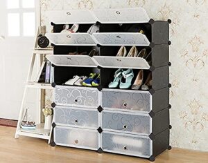 unicoo - multi use diy plastic 12 cube shoe rack,organizer, bookcase, shoes cabinet (2×6, black with white doors)