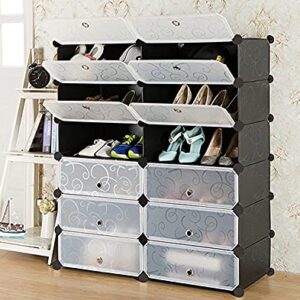 UNICOO - Multi Use DIY Plastic 12 Cube Shoe Rack,Organizer, Bookcase, Shoes Cabinet (2×6, Black with White Doors)