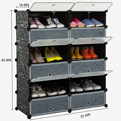 UNICOO - Multi Use DIY Plastic 12 Cube Shoe Rack,Organizer, Bookcase, Shoes Cabinet (2×6, Black with White Doors)