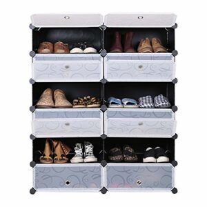 UNICOO - Multi Use DIY Plastic 12 Cube Shoe Rack,Organizer, Bookcase, Shoes Cabinet (2×6, Black with White Doors)