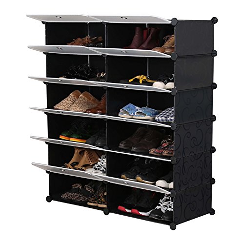 UNICOO - Multi Use DIY Plastic 12 Cube Shoe Rack,Organizer, Bookcase, Shoes Cabinet (2×6, Black with White Doors)