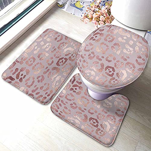 AOYEGO Rose Gold Leopard Skin 3 Pieces Bathroom Rugs Set Elegant Jaguar Spots Texture with Foil Effect Non Slip 23.6X15.7 Inch Soft Absorbent Polyester for Tub Shower Toilet