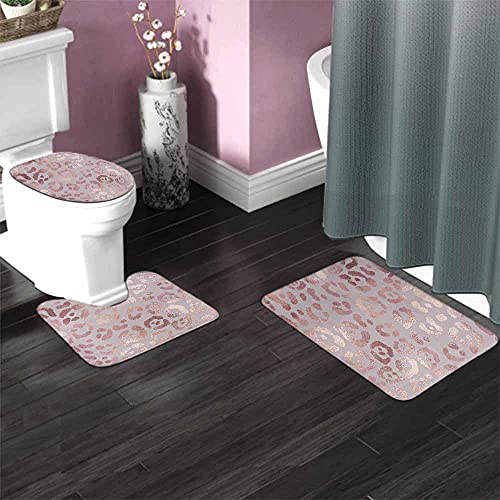 AOYEGO Rose Gold Leopard Skin 3 Pieces Bathroom Rugs Set Elegant Jaguar Spots Texture with Foil Effect Non Slip 23.6X15.7 Inch Soft Absorbent Polyester for Tub Shower Toilet