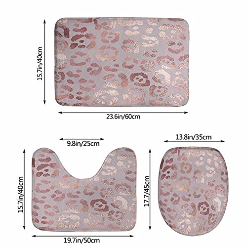 AOYEGO Rose Gold Leopard Skin 3 Pieces Bathroom Rugs Set Elegant Jaguar Spots Texture with Foil Effect Non Slip 23.6X15.7 Inch Soft Absorbent Polyester for Tub Shower Toilet