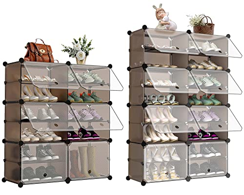 UNZIPE Shoe Rack with Door, 56 Pairs Shoes Storage Cabinet Plastic Freestanding Shoe Shelves DIY Cube Organizer for Closet, Bedroom，Garage Entryway, Dark Coffee