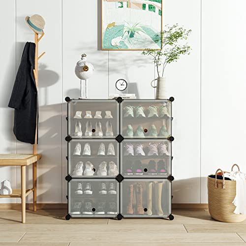 UNZIPE Shoe Rack with Door, 56 Pairs Shoes Storage Cabinet Plastic Freestanding Shoe Shelves DIY Cube Organizer for Closet, Bedroom，Garage Entryway, Dark Coffee