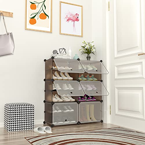 UNZIPE Shoe Rack with Door, 56 Pairs Shoes Storage Cabinet Plastic Freestanding Shoe Shelves DIY Cube Organizer for Closet, Bedroom，Garage Entryway, Dark Coffee