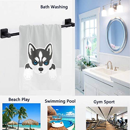 Naanle Cute Cartoon Siberian Husky Dog Print Soft Absorbent Guest Hand Towels for Bathroom, Hotel, Gym and Spa (16 x 30 Inches,Gray)